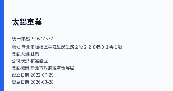 太鍚車業的照片-統編 91677537(新北市) 公司登記資料與營業項目詳細圖表