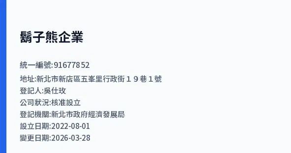 鬍子熊企業的照片-統編 91677852(新北市) 公司登記資料與營業項目詳細圖表