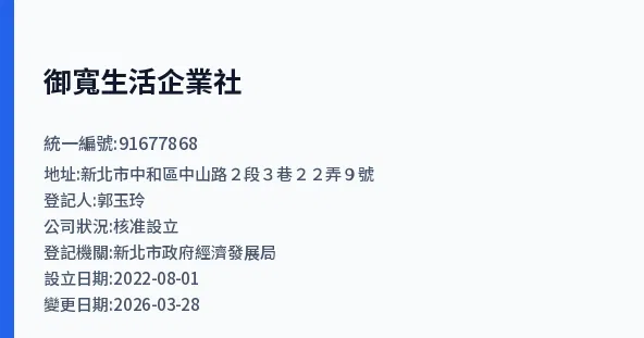 御寬生活企業社的照片-統編 91677868(新北市) 公司登記資料與營業項目詳細圖表