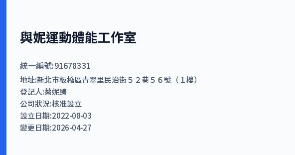 與妮運動體能工作室的照片-統編 91678331(新北市) 公司登記資料與營業項目詳細圖表