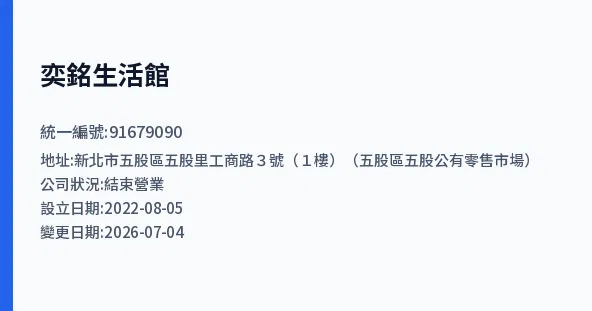 奕銘生活館的照片-統編 91679090(新北市) 公司登記資料與營業項目詳細圖表