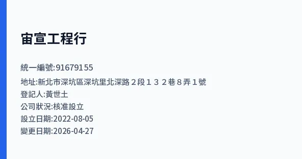 宙宣工程行的照片-統編 91679155(新北市) 公司登記資料與營業項目詳細圖表