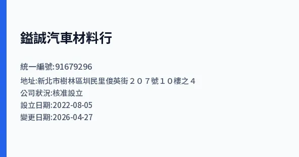 鎰誠汽車材料行的照片-統編 91679296(新北市) 公司登記資料與營業項目詳細圖表