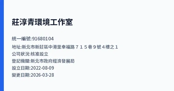 莊淳青環境工作室的照片-統編 91680104(新北市) 公司登記資料與營業項目詳細圖表