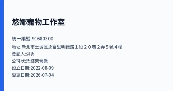 悠娜寵物工作室的照片-統編 91680300(新北市) 公司登記資料與營業項目詳細圖表