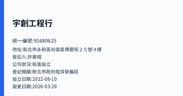 宇創工程行的照片-統編 91680625(新北市) 公司登記資料與營業項目詳細圖表