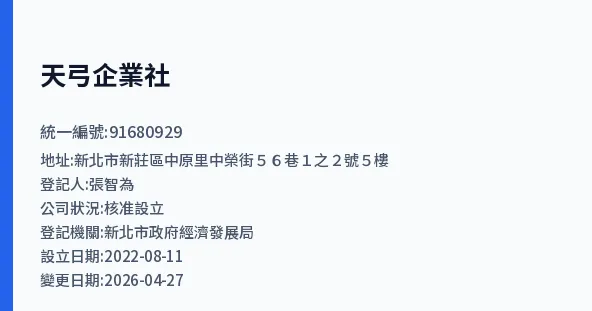 天弓企業社的照片-統編 91680929(新北市) 公司登記資料與營業項目詳細圖表