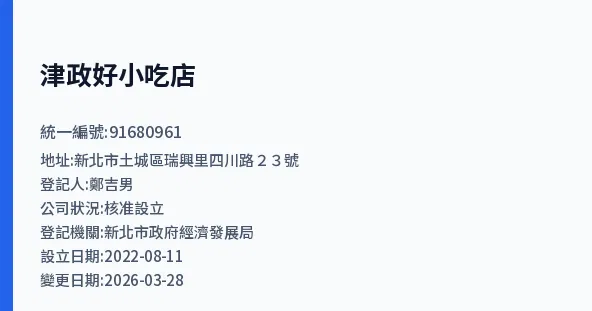 津政好小吃店的照片-統編 91680961(新北市) 公司登記資料與營業項目詳細圖表