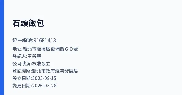 石頭飯包的照片-統編 91681413(新北市) 公司登記資料與營業項目詳細圖表
