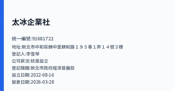太冰企業社的照片-統編 91681722(新北市) 公司登記資料與營業項目詳細圖表