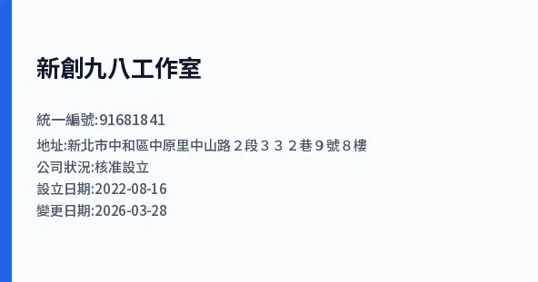 新創九八工作室的照片-統編 91681841(新北市) 公司登記資料與營業項目詳細圖表