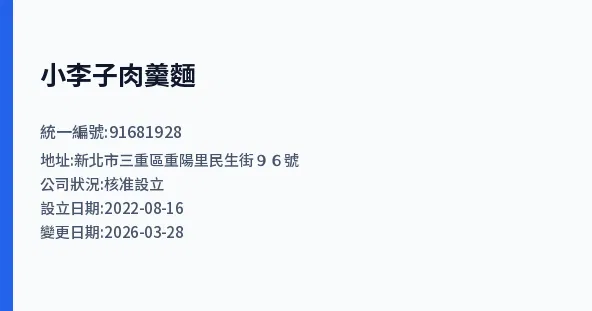 小李子肉羹麵的照片-統編 91681928(新北市) 公司登記資料與營業項目詳細圖表