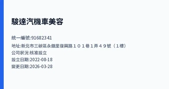 駿達汽機車美容的照片-統編 91682341(新北市) 公司登記資料與營業項目詳細圖表