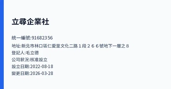 立尋企業社的照片-統編 91682356(新北市) 公司登記資料與營業項目詳細圖表