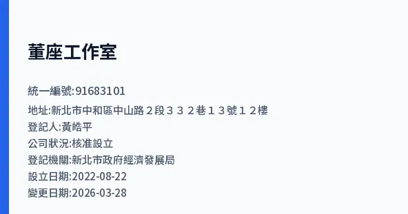 董座工作室的照片-統編 91683101(新北市) 公司登記資料與營業項目詳細圖表