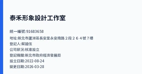 泰禾形象設計工作室的照片-統編 91683658(新北市) 公司登記資料與營業項目詳細圖表