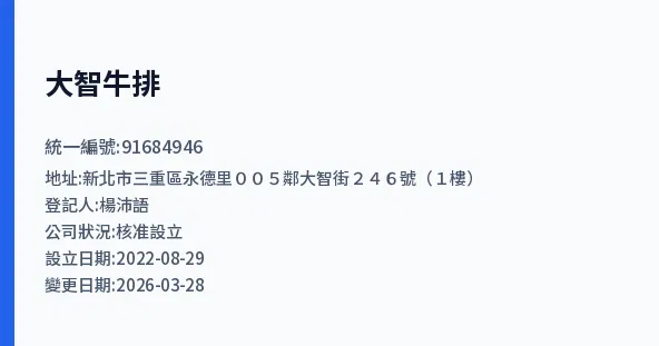 大智牛排的照片-統編 91684946(新北市) 公司登記資料與營業項目詳細圖表