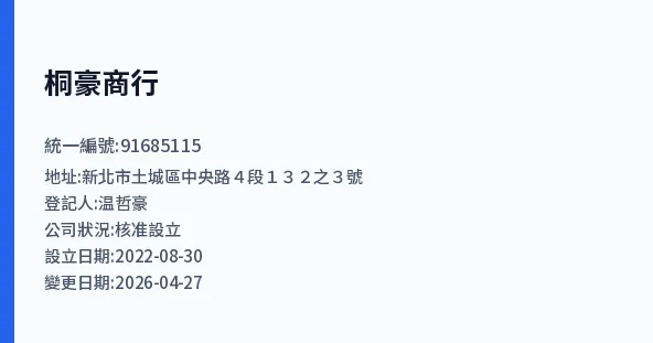 桐豪商行的照片-統編 91685115(新北市) 公司登記資料與營業項目詳細圖表
