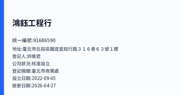 鴻鈺工程行的照片-統編 91686590(臺北市) 公司登記資料與營業項目詳細圖表