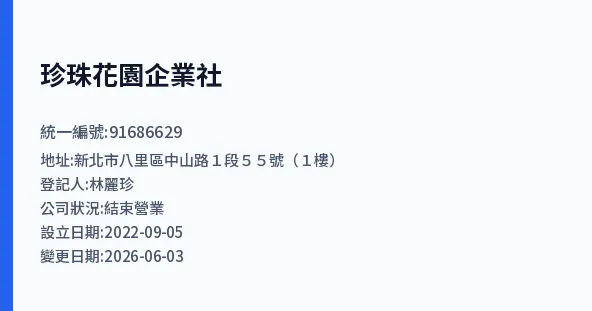 珍珠花園企業社的照片-統編 91686629(新北市) 公司登記資料與營業項目詳細圖表