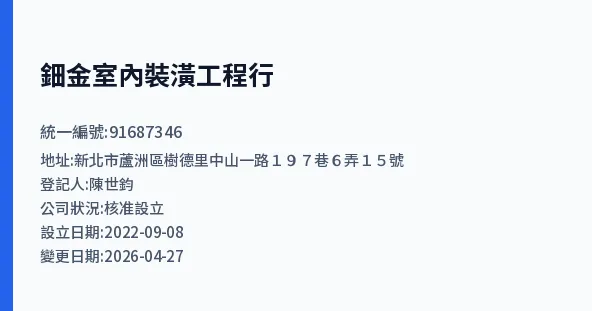鈿金室內裝潢工程行的照片-統編 91687346(新北市) 公司登記資料與營業項目詳細圖表
