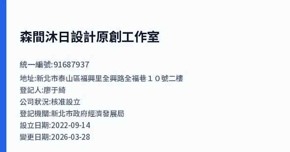 森間沐日設計原創工作室的照片-統編 91687937(新北市) 公司登記資料與營業項目詳細圖表
