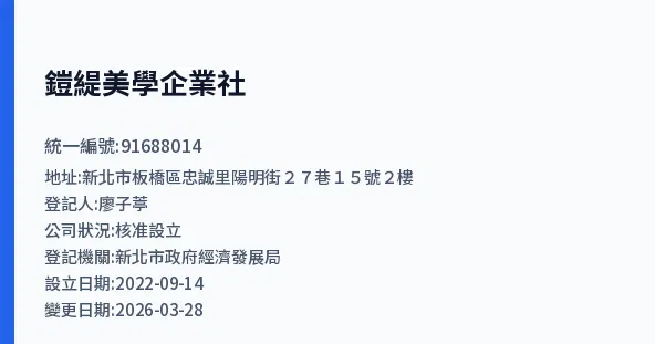 鎧緹美學企業社的照片-統編 91688014(新北市) 公司登記資料與營業項目詳細圖表