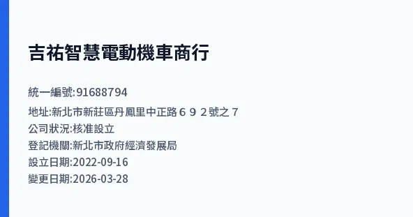 吉祐智慧電動機車商行的照片-統編 91688794(新北市) 公司登記資料與營業項目詳細圖表