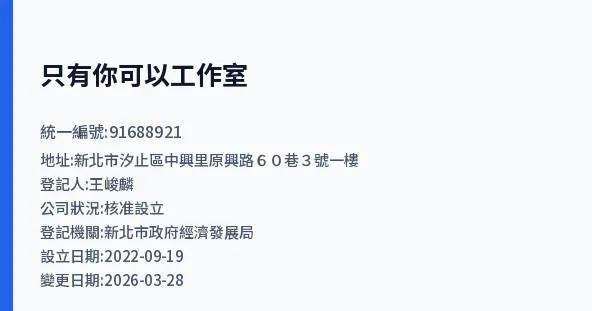 只有你可以工作室的照片-統編 91688921(新北市) 公司登記資料與營業項目詳細圖表