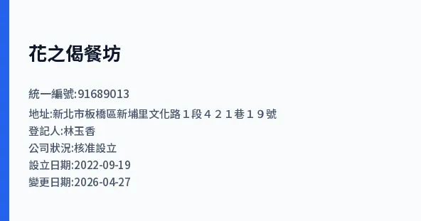 花之偈餐坊的照片-統編 91689013(新北市) 公司登記資料與營業項目詳細圖表