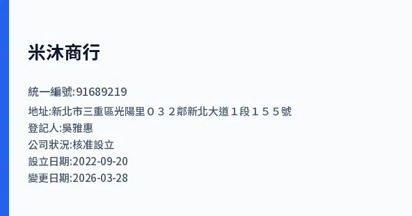 米沐商行的照片-統編 91689219(新北市) 公司登記資料與營業項目詳細圖表