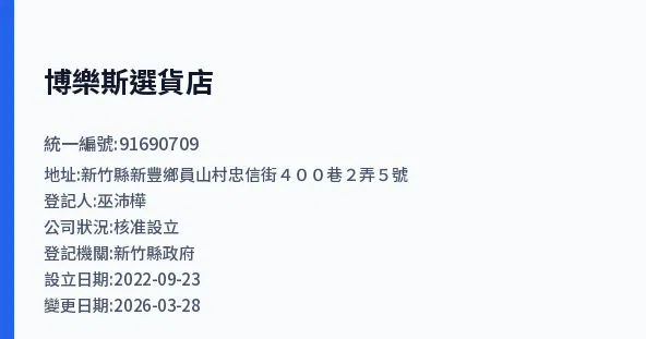 博樂斯選貨店的照片-統編 91690709(新竹縣) 公司登記資料與營業項目詳細圖表