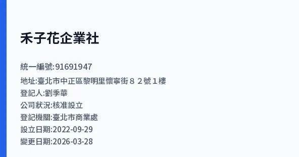 禾子花企業社的照片-統編 91691947(臺北市) 公司登記資料與營業項目詳細圖表