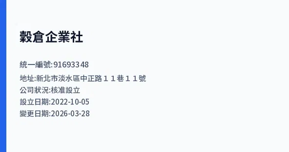 穀倉企業社的照片-統編 91693348(新北市) 公司登記資料與營業項目詳細圖表