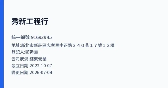 秀新工程行的照片-統編 91693945(新北市) 公司登記資料與營業項目詳細圖表