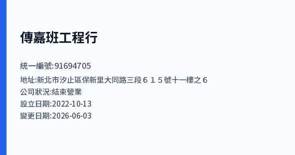傳嘉班工程行的照片-統編 91694705(新北市) 公司登記資料與營業項目詳細圖表