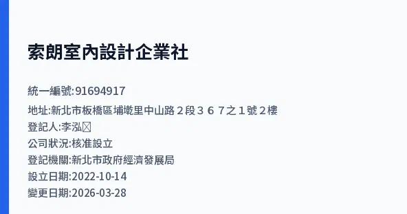索朗室內設計企業社的照片-統編 91694917(新北市) 公司登記資料與營業項目詳細圖表