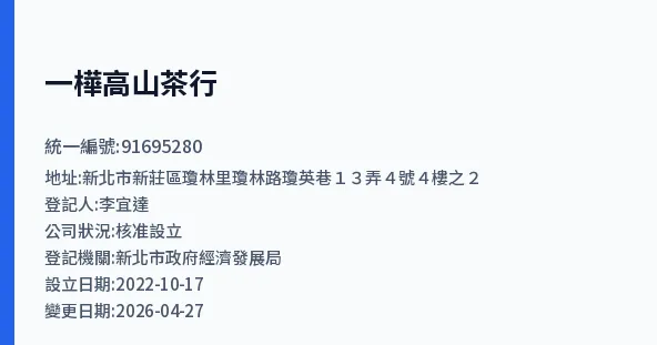 一樺高山茶行的照片-統編 91695280(新北市) 公司登記資料與營業項目詳細圖表