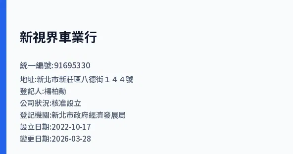 新視界車業行的照片-統編 91695330(新北市) 公司登記資料與營業項目詳細圖表