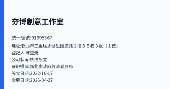 夯博創意工作室的照片-統編 91695367(新北市) 公司登記資料與營業項目詳細圖表