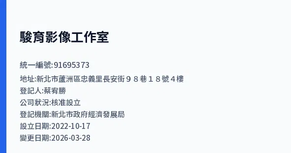 駿育影像工作室的照片-統編 91695373(新北市) 公司登記資料與營業項目詳細圖表