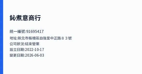 鈊煮意商行的照片-統編 91695417(新北市) 公司登記資料與營業項目詳細圖表