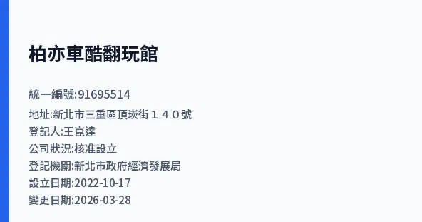 柏亦車酷翻玩館的照片-統編 91695514(新北市) 公司登記資料與營業項目詳細圖表