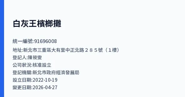 白灰王檳榔攤的照片-統編 91696008(新北市) 公司登記資料與營業項目詳細圖表