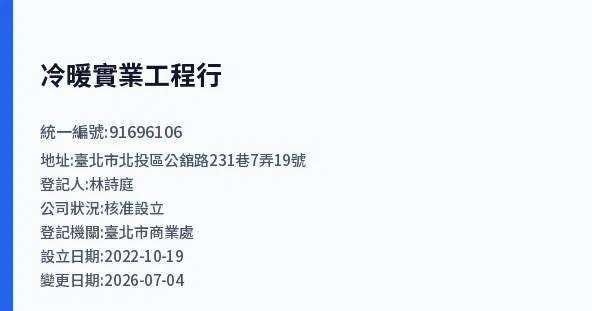 冷暖實業工程行的照片-統編 91696106(臺北市) 公司登記資料與營業項目詳細圖表