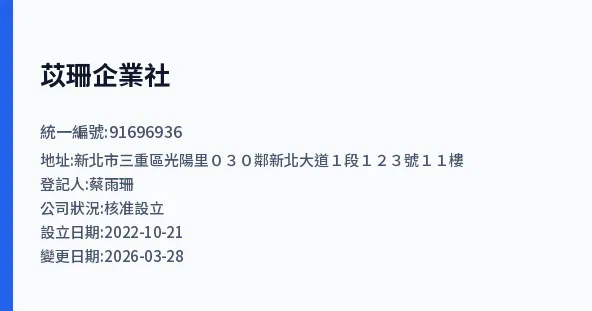 苡珊企業社的照片-統編 91696936(新北市) 公司登記資料與營業項目詳細圖表