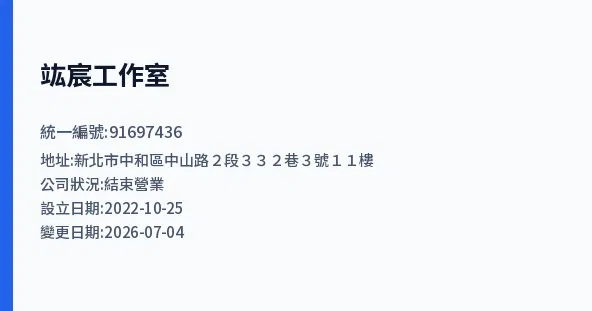 竑宸工作室的照片-統編 91697436(新北市) 公司登記資料與營業項目詳細圖表