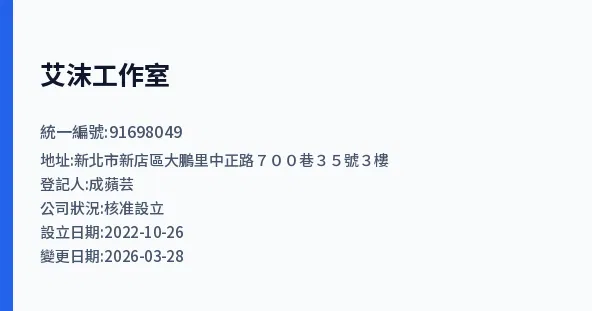 艾沫工作室的照片-統編 91698049(新北市) 公司登記資料與營業項目詳細圖表