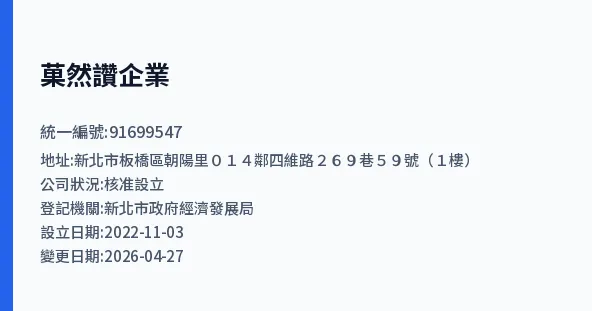 菓然讚企業的照片-統編 91699547(新北市) 公司登記資料與營業項目詳細圖表