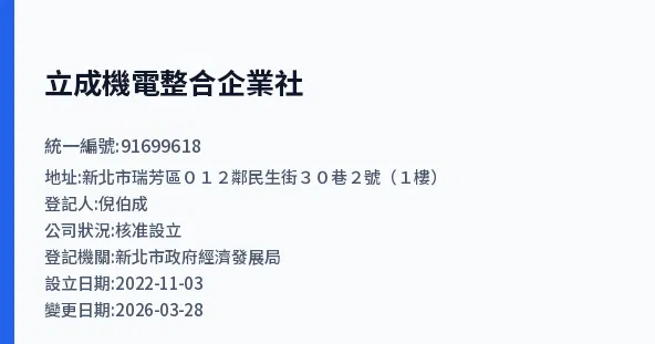 立成機電整合企業社的照片-統編 91699618(新北市) 公司登記資料與營業項目詳細圖表